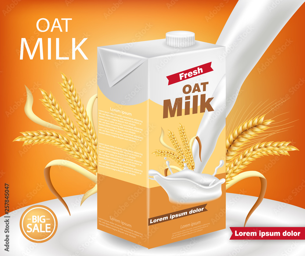 Oat milk package Vector realistic with splash. Product placement mock ...