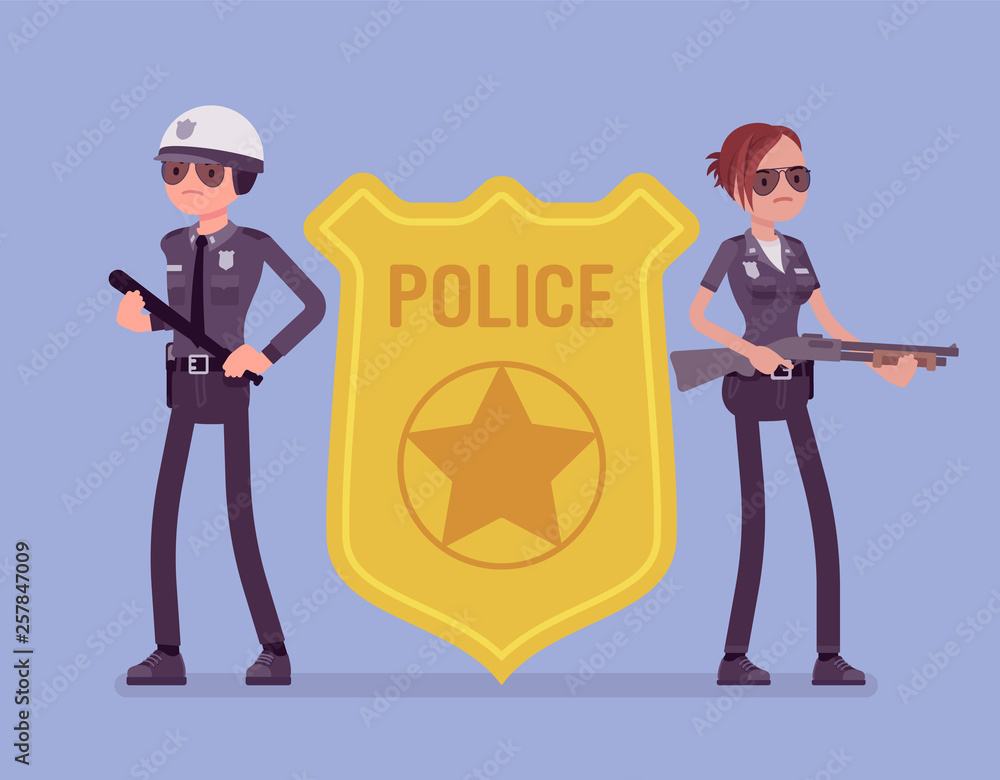 Police officer emblem and policemen. Male and female officers standing ...