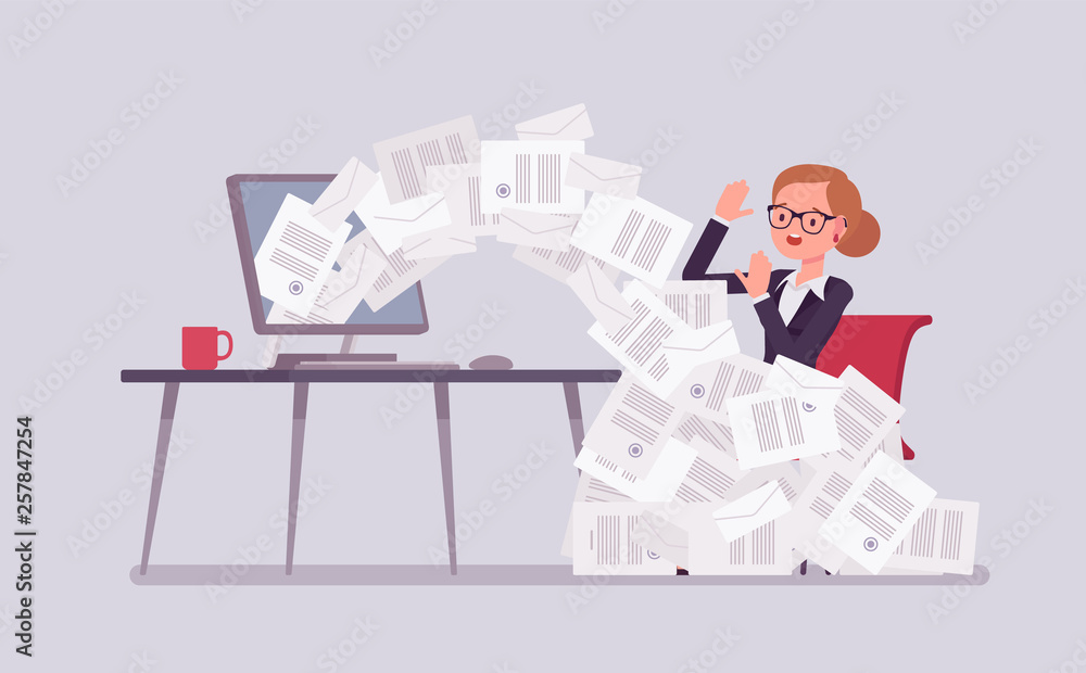 Paper avalanche for businesswoman. Female office worker overloaded with ...