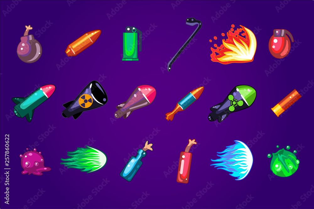 Vector set of cartoon assets for mobile game. Dangerous explosives ...