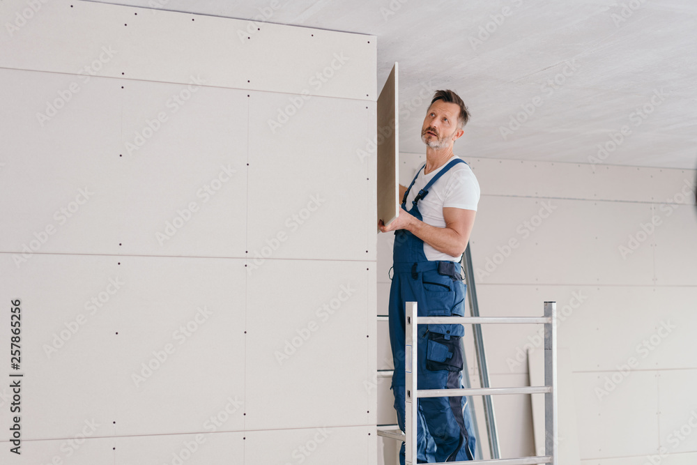 Builder fitting wall cladding in a new build house Stock Photo | Adobe ...