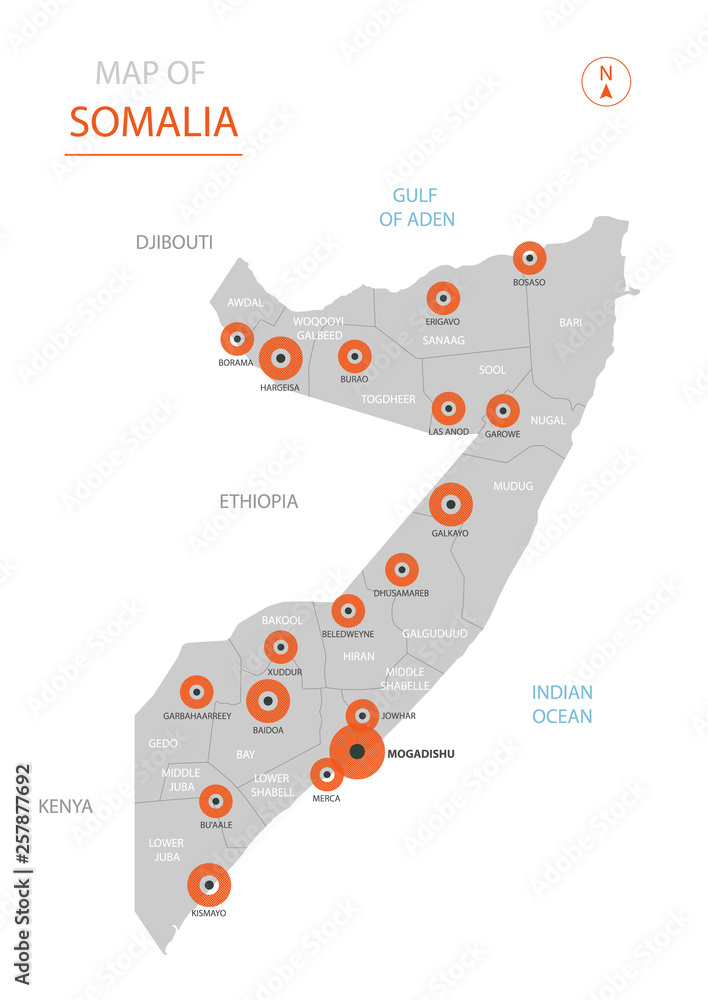 Stylized vector Somalia map showing big cities, capital Mogadishu ...