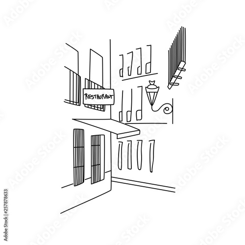 Single line hand drawing of a street corner with buildings and ...