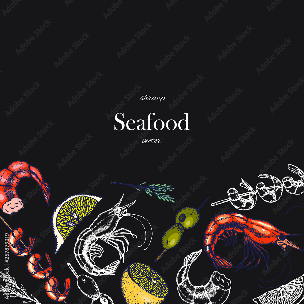Set of shrimps. Hand drawn illustrations.Seafood concept on white ...