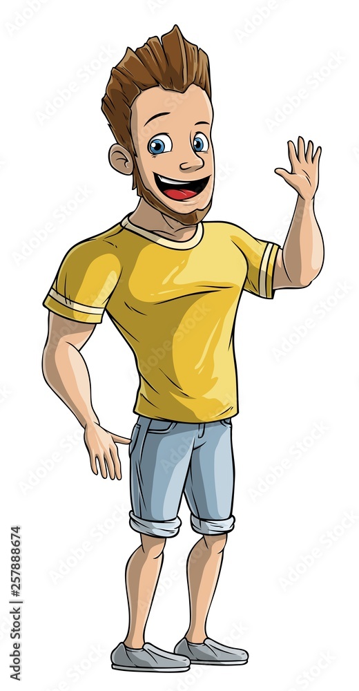 Cartoon brunette standing funny strong muscular boy character. Isolated ...