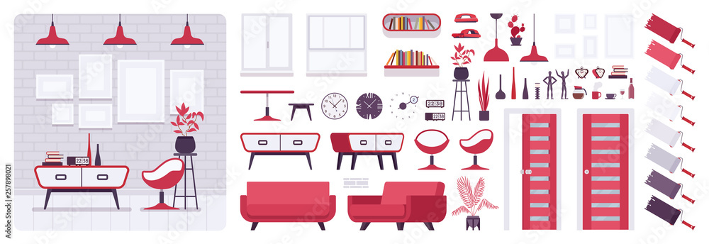Living room modern interior, home, office creation set, lounge space ...