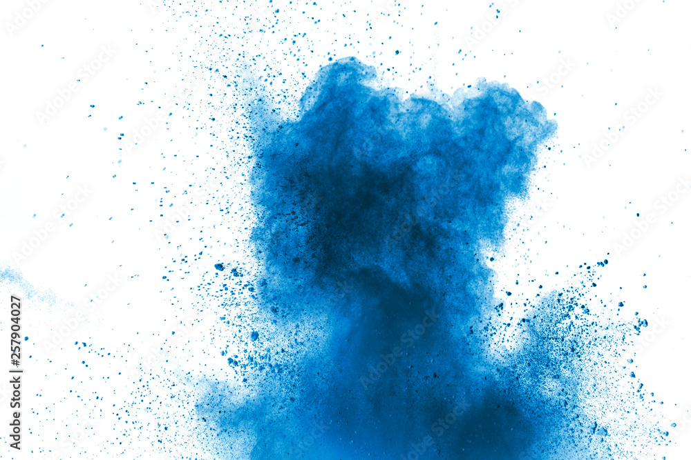 Blue color powder explosion cloud on white background.Closeup of Blue ...