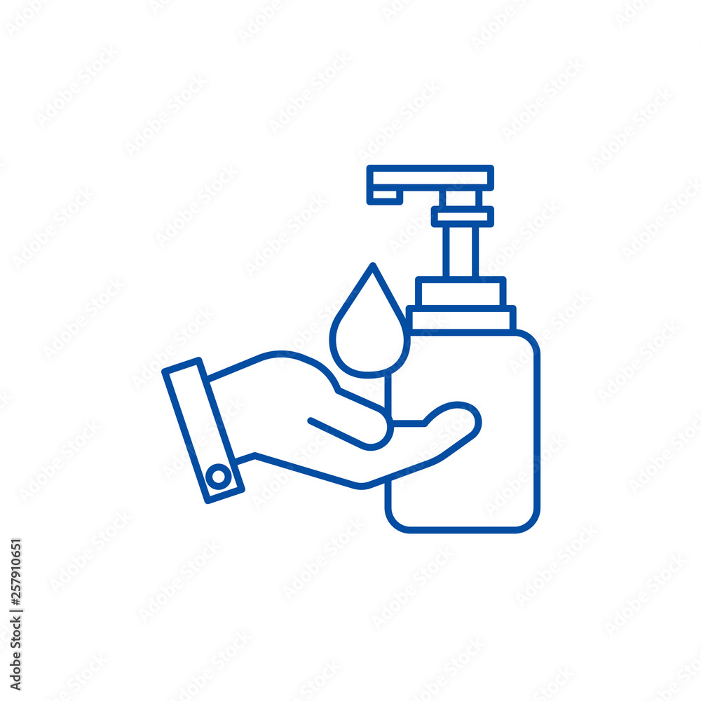 Liquid soap with hand line concept icon. Liquid soap with hand flat ...