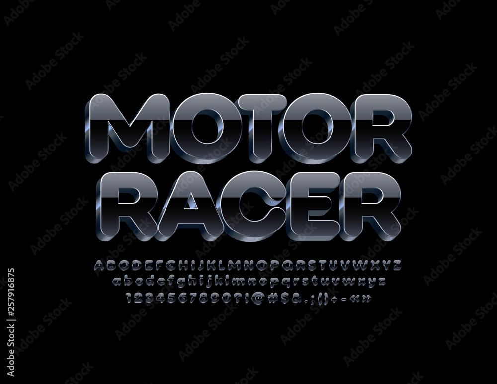 Vector label modern Motor Racer. 3D Black and Metallic Font. Glossy ...