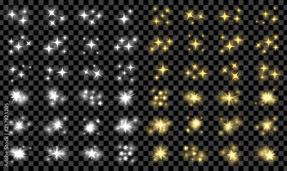 Realistic golden and silver shine, flicker stars and glow effects pack ...