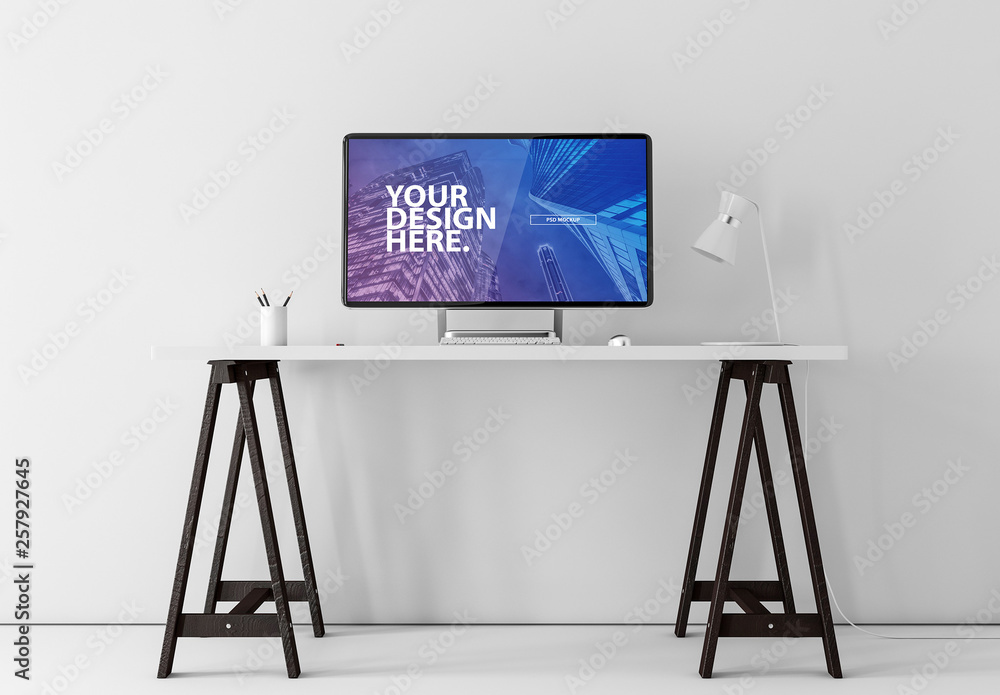 Computer Monitor on Desk with Office Supplies Mockup Stock Template ...