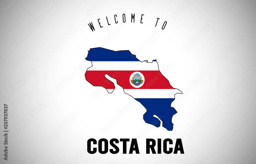 Costa Rica Welcome to Text and Country flag inside Country border Map ...