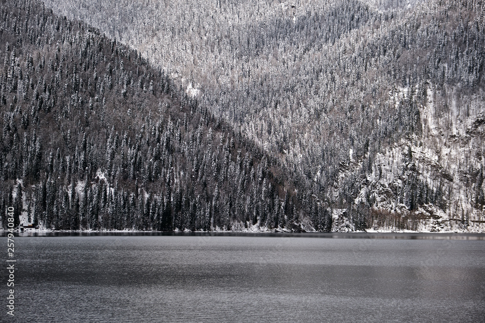 Beautiful mountain Lake Ritsa. Lake Ritsa in the Caucasus Mountains, in ...