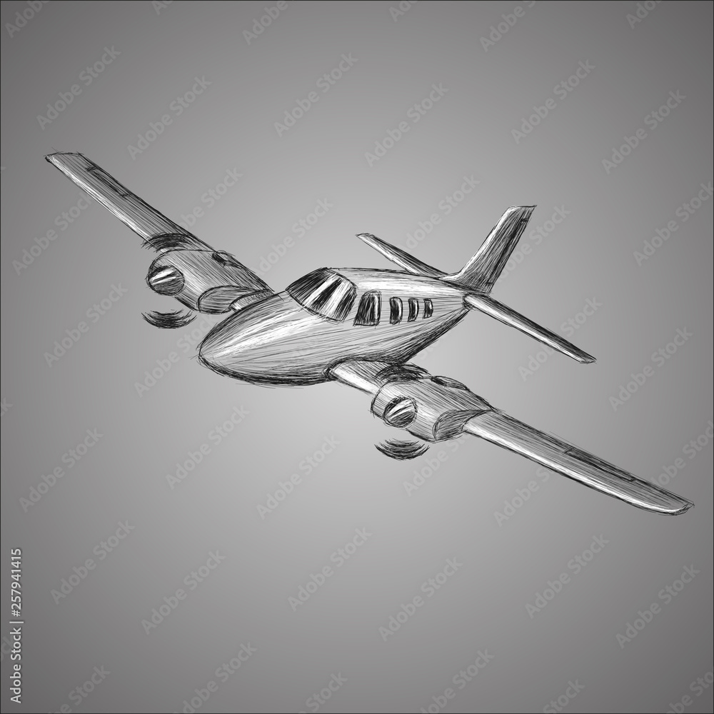 Small plane vector sketch. Hand drawn twin engine propelled aircraft ...