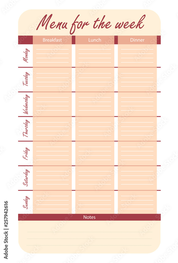red menu options for the week. template for food diary. meal plan for ...