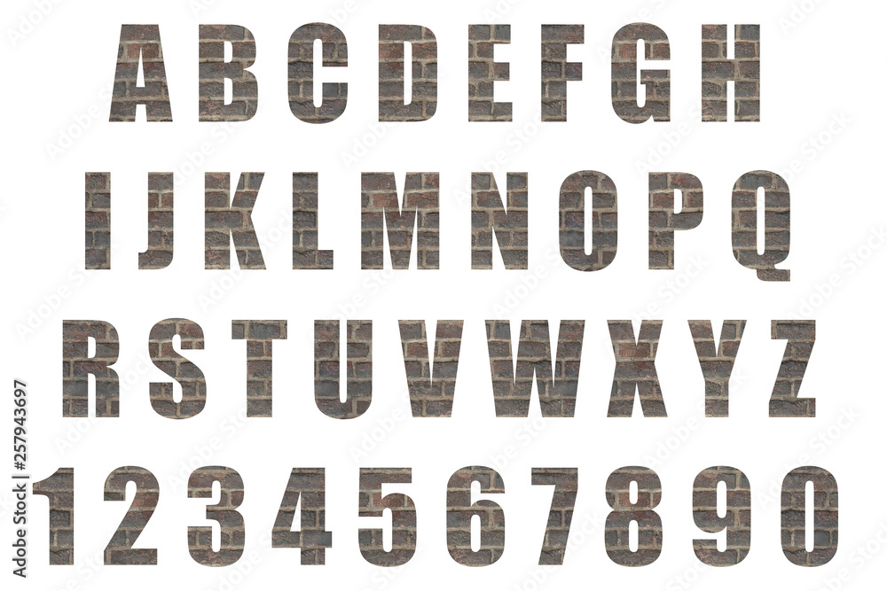 Latin alphabet letters and numbers. Font with background of wall of ...
