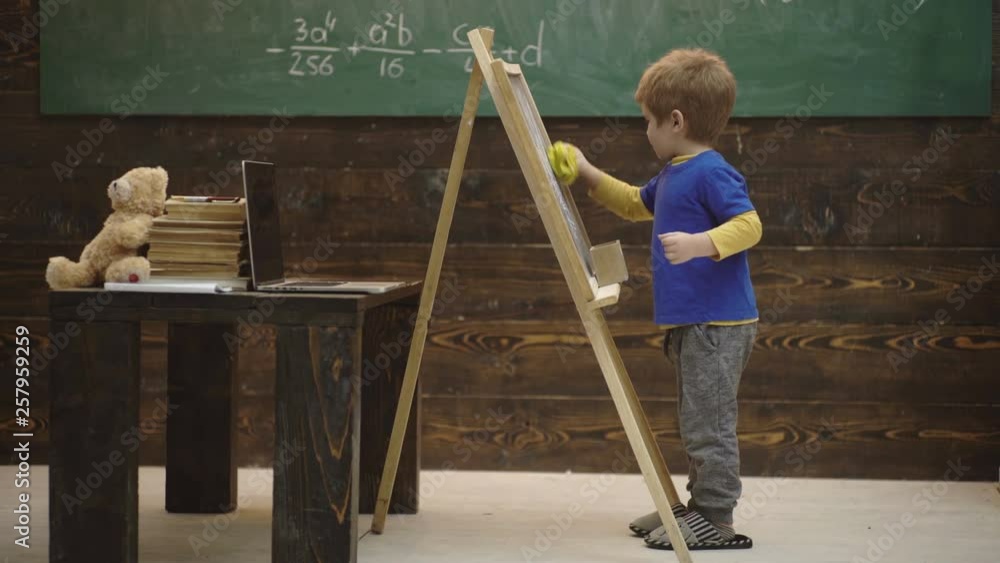 Child boy draws on chalkboard. Little schoolboy wiping chalkboard. Back ...