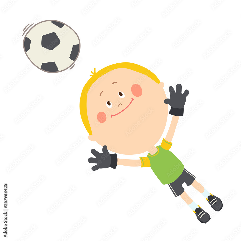 Little goalkeeper catching a soccer ball. Cute boy playing soccer on ...