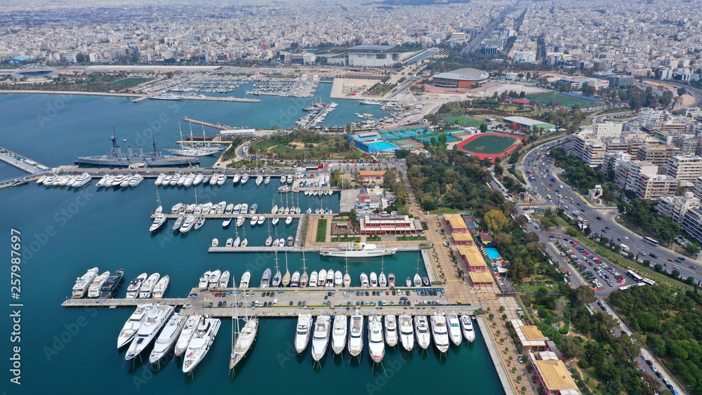 Aerial drone photo of famous Flisvos Marina with mega yachts and sail ...