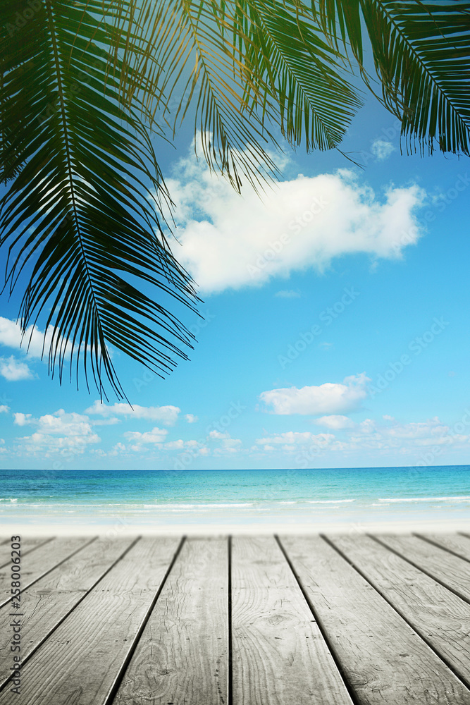 Tropical beach background with palm tree and empty wooden, Summer ...