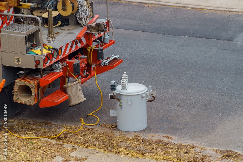 Power transformers are installed the after storm damaged electric ...