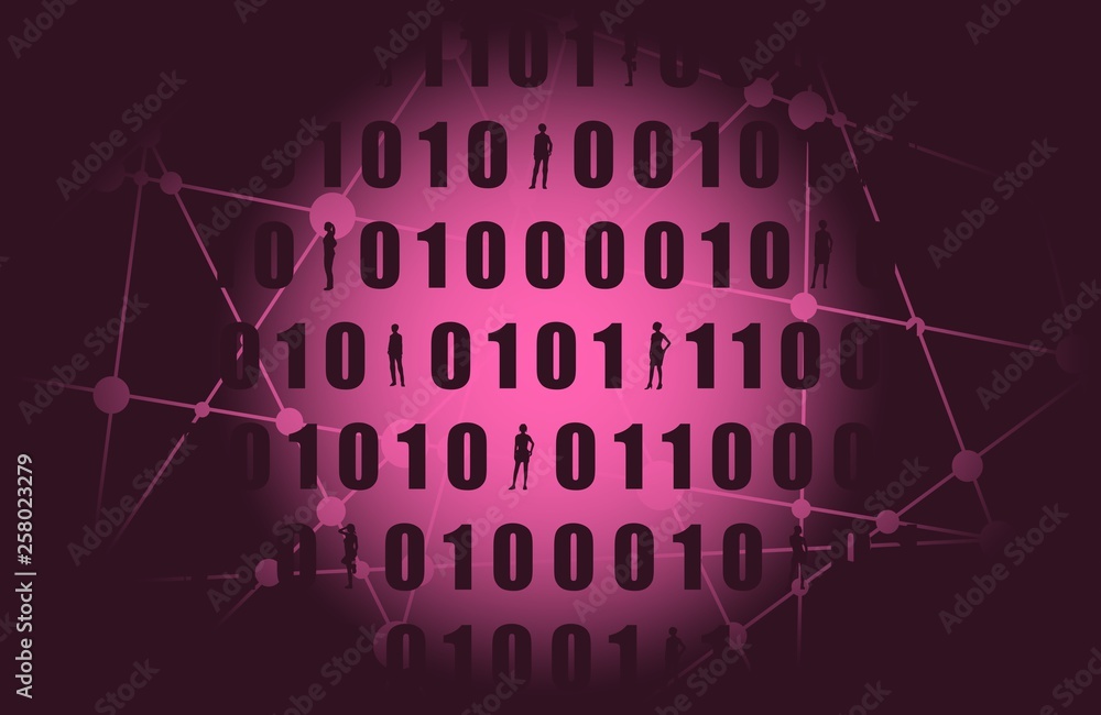 Binary code background with silhouettes of women. Algorithm binary ...