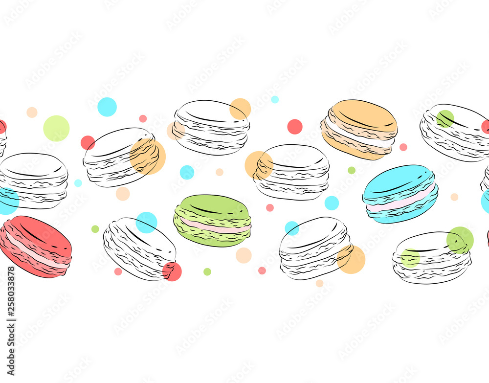 Seamless border of delicate contour macaroons with color dots. Vector ...