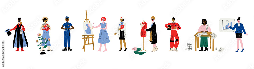 Women of Various Professions Set, Magician, Gardener, Police Officer ...