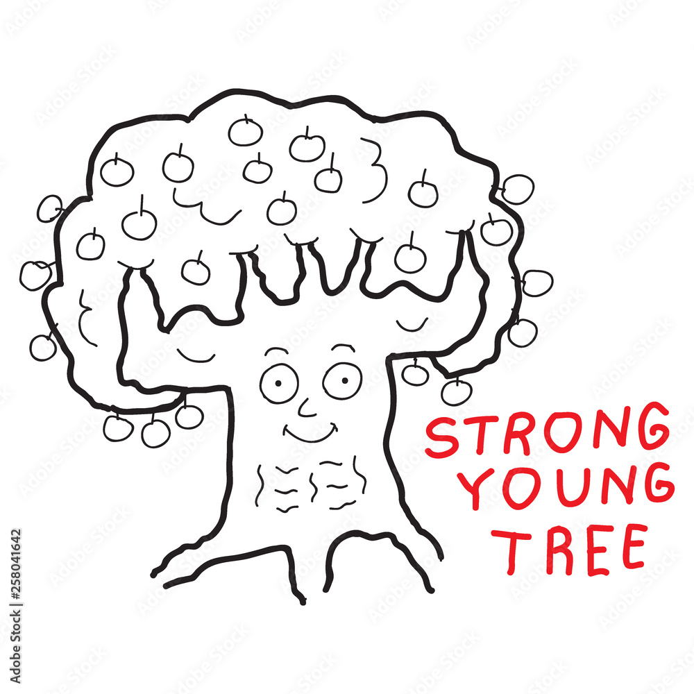 Cartoon doodle illustration of cute strong tree for coloring book, t ...