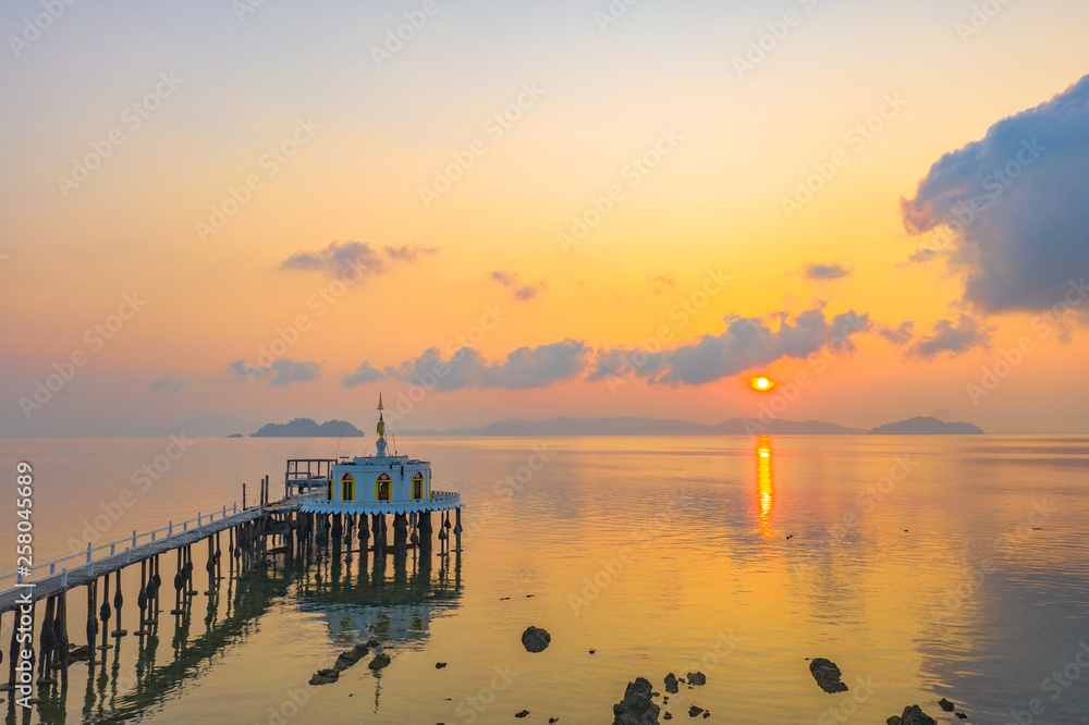 aerial view sunrise at pier of Phayam temple one landmark of Phayam ...