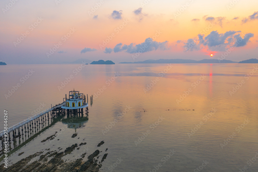 aerial view sunrise at pier of Phayam temple one landmark of Phayam ...