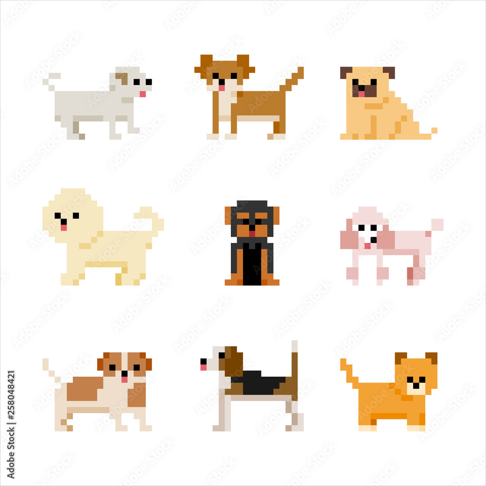 8 bit pixel style cute puppy kind. flat design style minimal vector ...