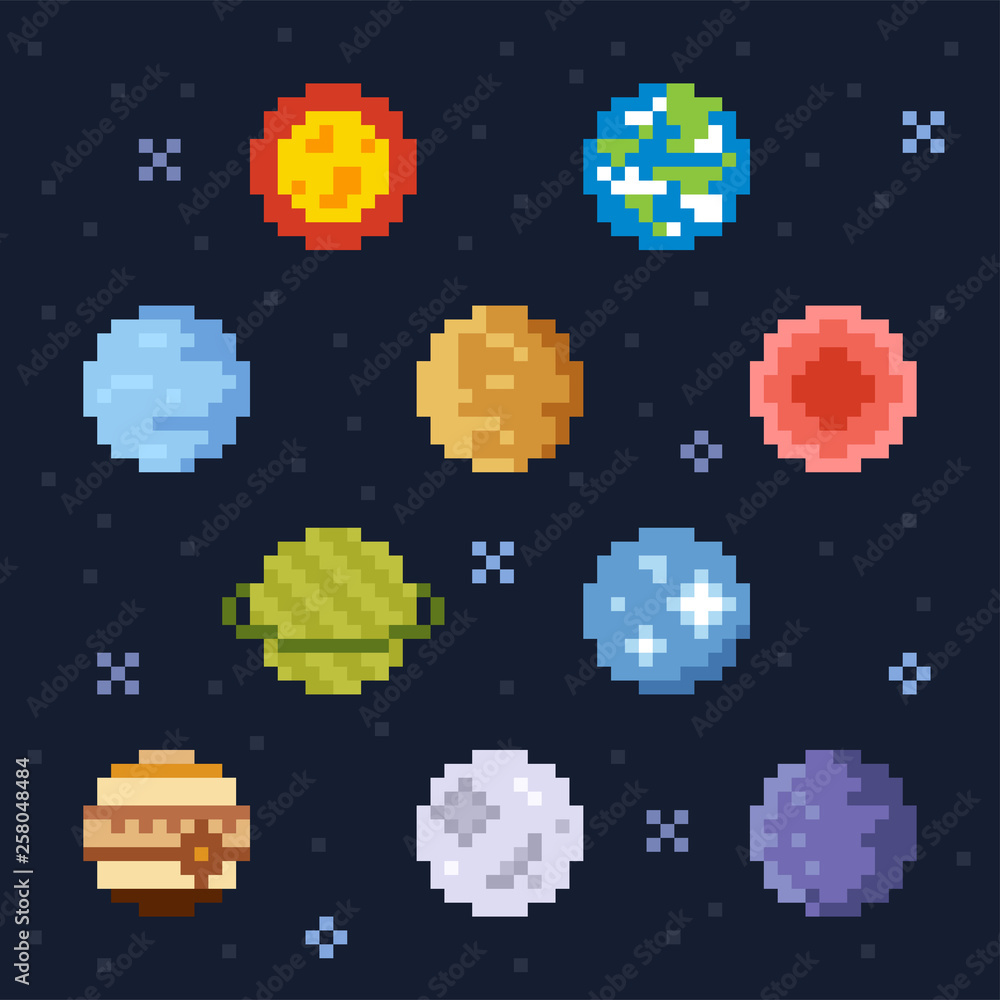 8-bit pixel-style solar system planets. flat design style minimal ...