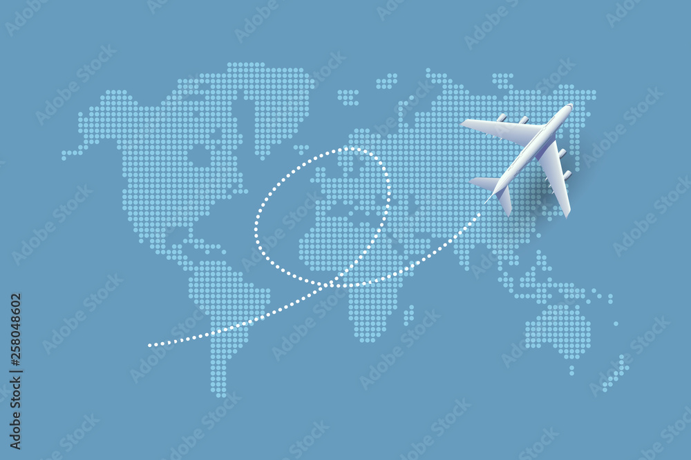 Planes over world map. Airlines top view. Airplane flying above world ...