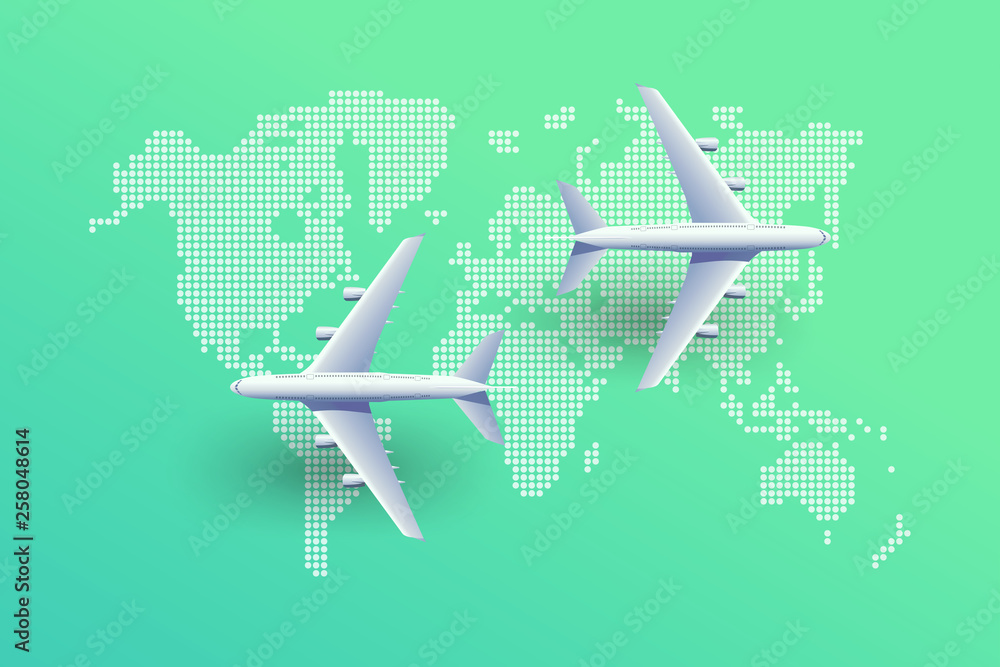 Planes over world map. Airlines top view. Airplane flying above world ...