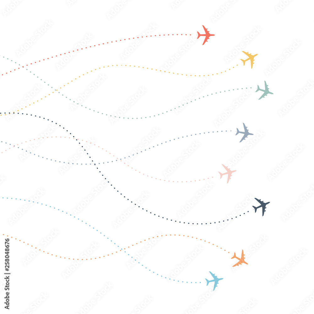 Colorful Airplane line path. Dotted lines flight paths of airline ...