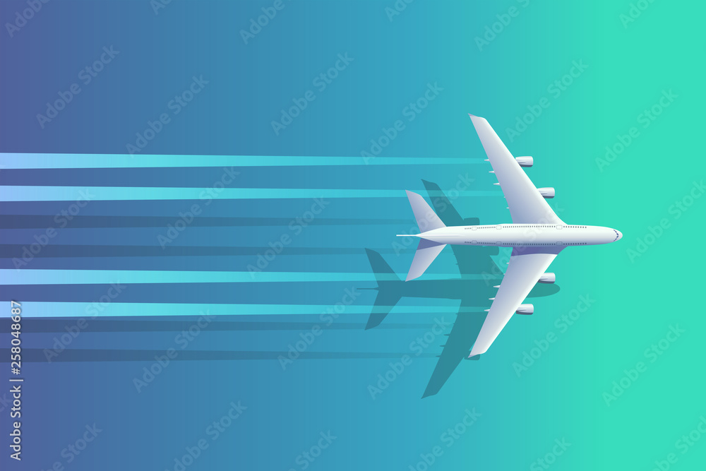 Top view of the plane above the ocean. Flying airplane, jet aircraft ...