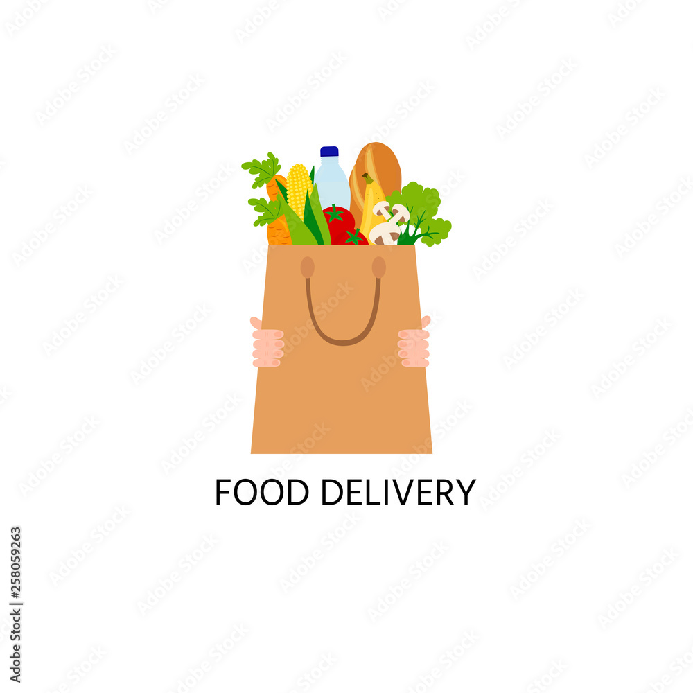 Food in the paper bag, logo. Food delivery logo. Food from the ...