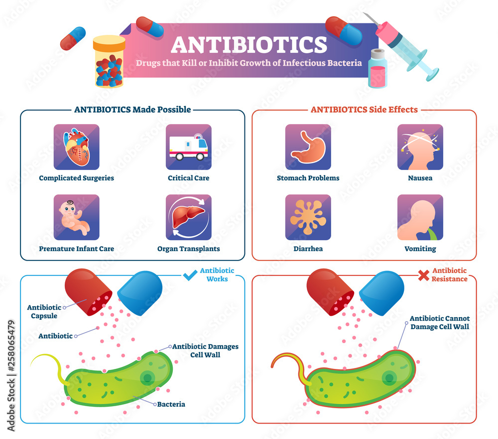 Antibiotics vector illustration. Labeled health medication treatment ...