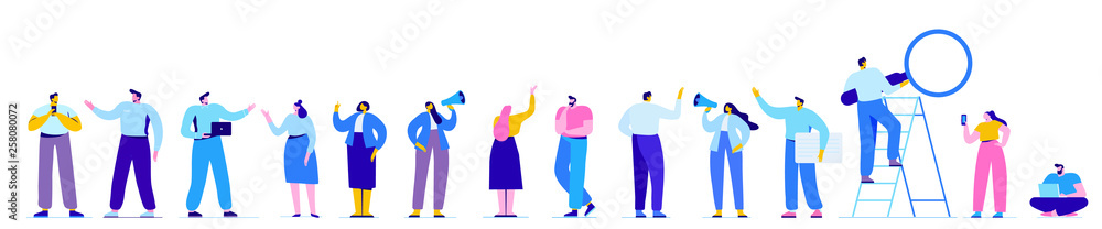Creative team characters flat vector horizontal banner. Discussion ...