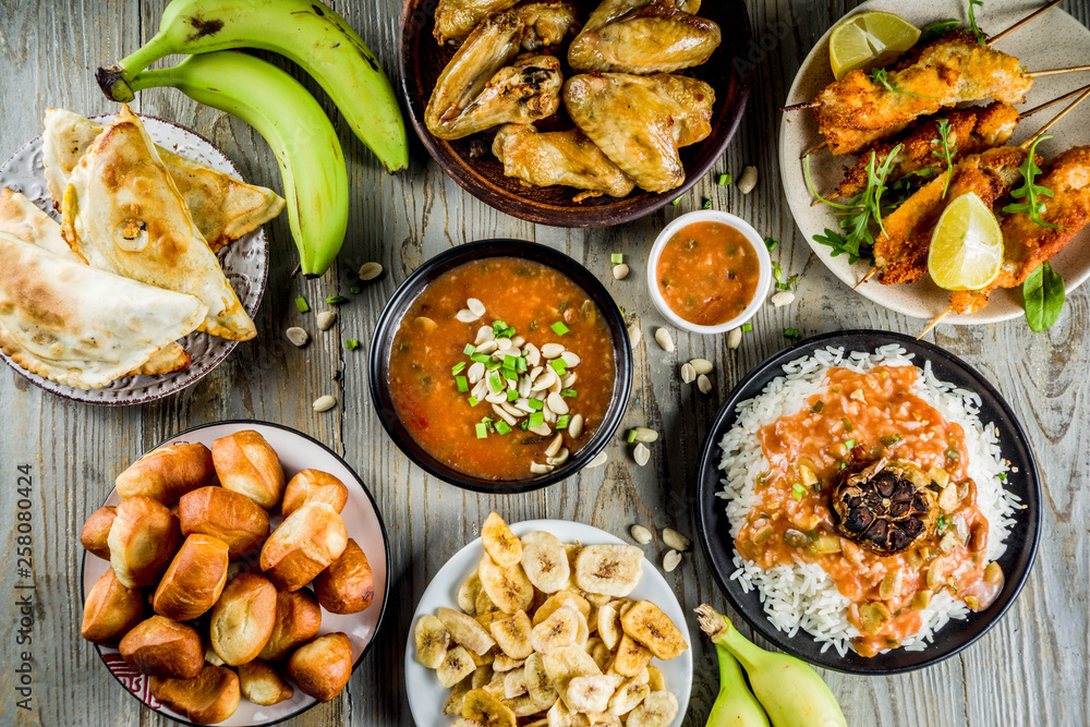 West african food concept. Traditional Wset African dishes assortment ...