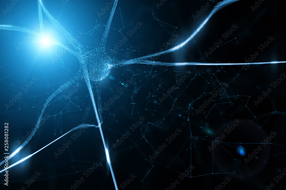 Artistic blue colored neuron cell in the brain on black abstract ...