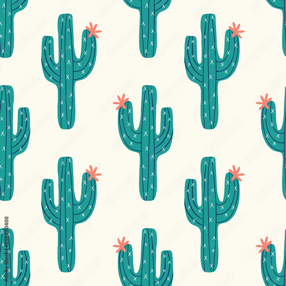 seamless cactus pattern with vector green cactus on a cream background ...