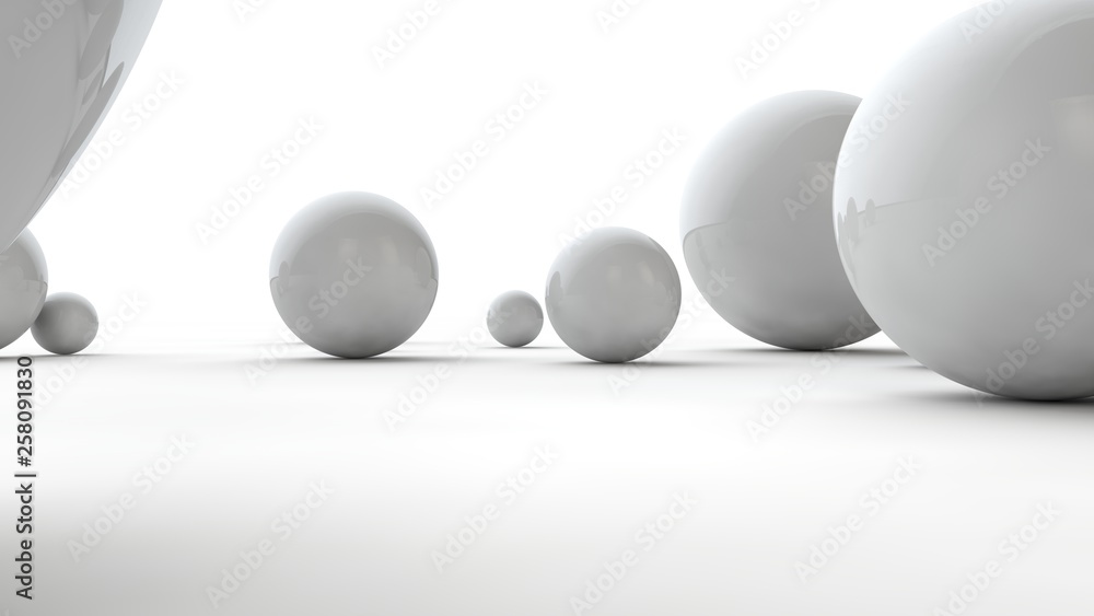 3D illustration of balls of different sizes on a white surface. The ...