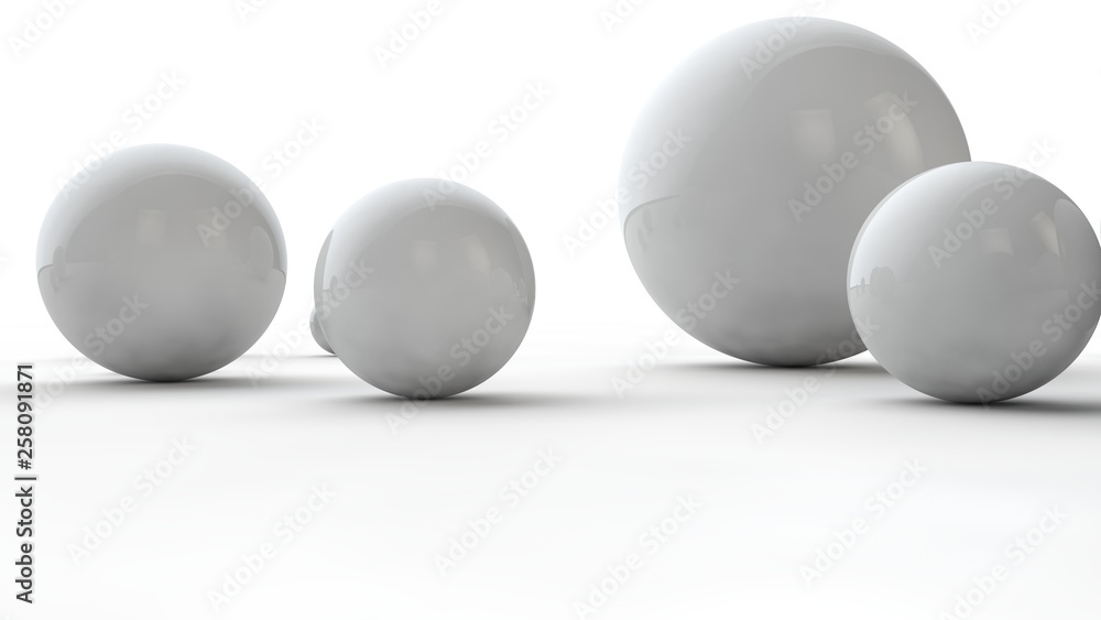 3D illustration of large and small white spheres and many different ...