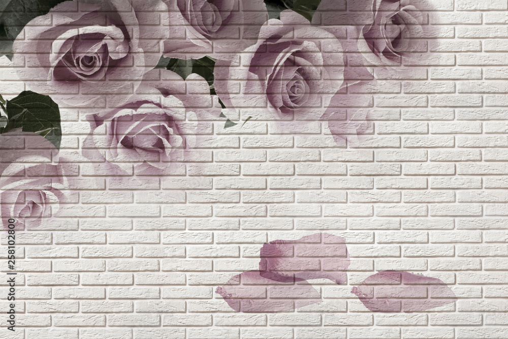 3d wallpaper, roses on white brick texture. The fresco effect. The ...