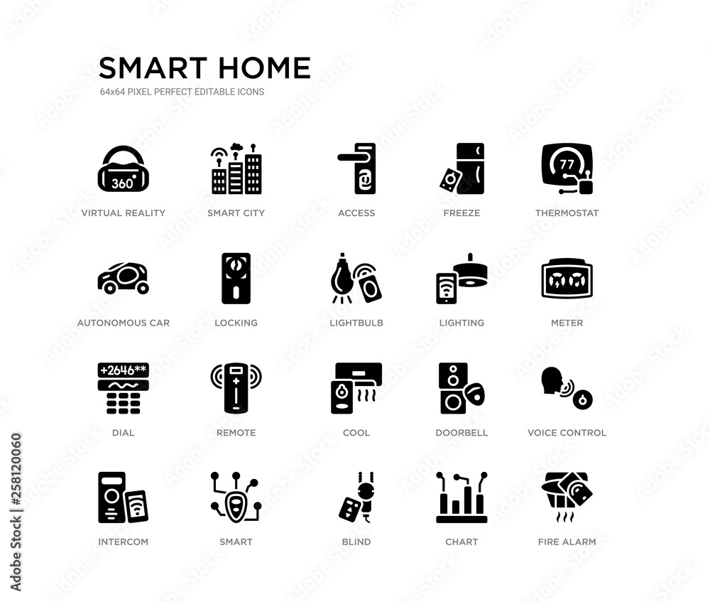 set of 20 black filled vector icons such as fire alarm, voice control ...