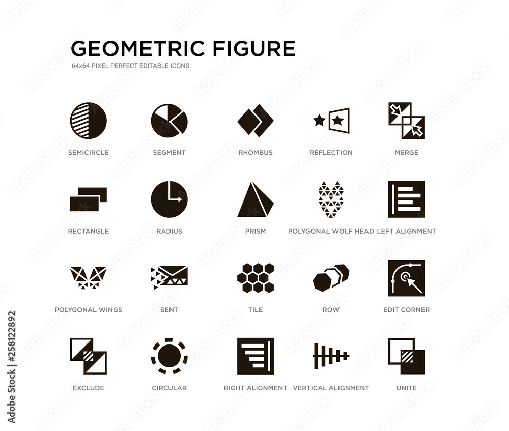 set of 20 black filled vector icons such as unite, edit corner, left ...