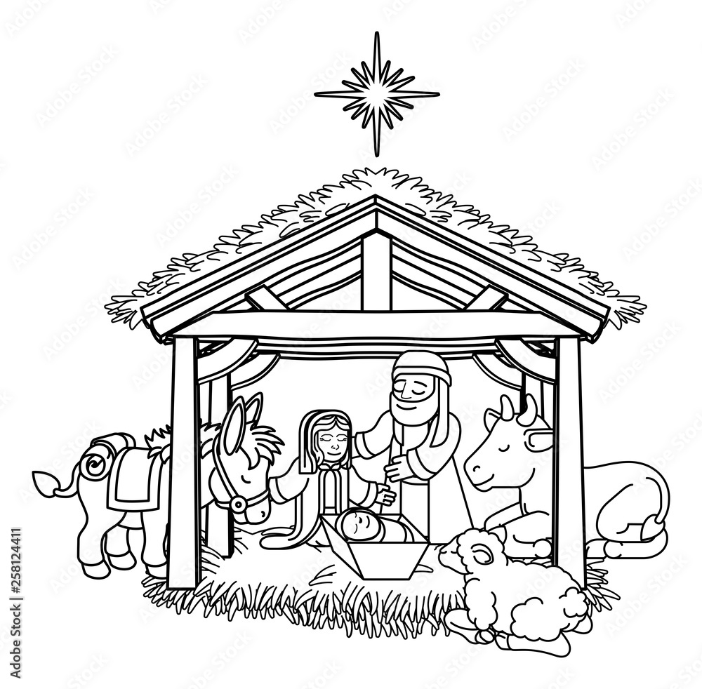 A Christmas nativity scene coloring cartoon, with baby Jesus, Mary and ...