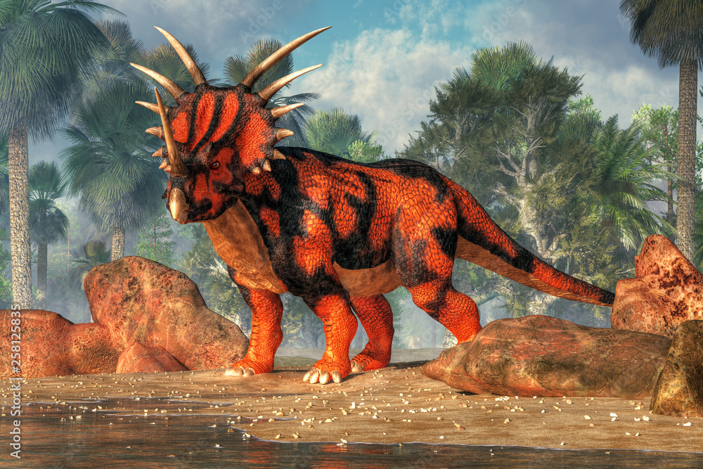 Photo & Art Print A red and black sytracosaurus stands on the sandy ...